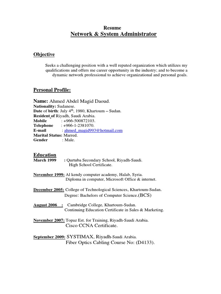 Network & System Administrator Resume | PDF | Cisco Certifications | Computer Network