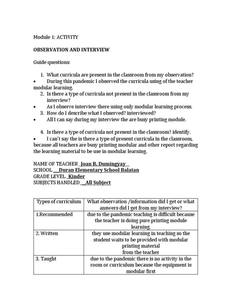 Observation and Interview | PDF | Curriculum | Teachers