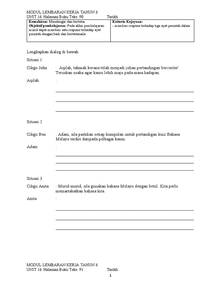 Modul Lembaran Kerja BM Tahun 6 Unit 16 | PDF