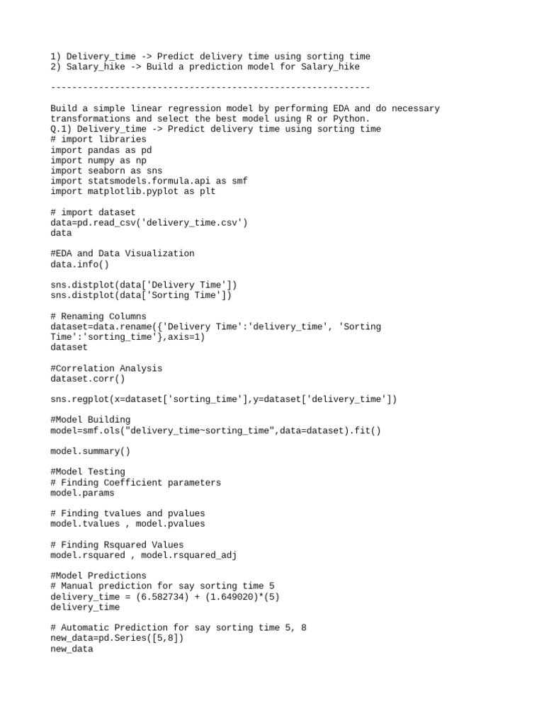 Linear Regression Models for Predicting Delivery Time and Salary Hikes ...