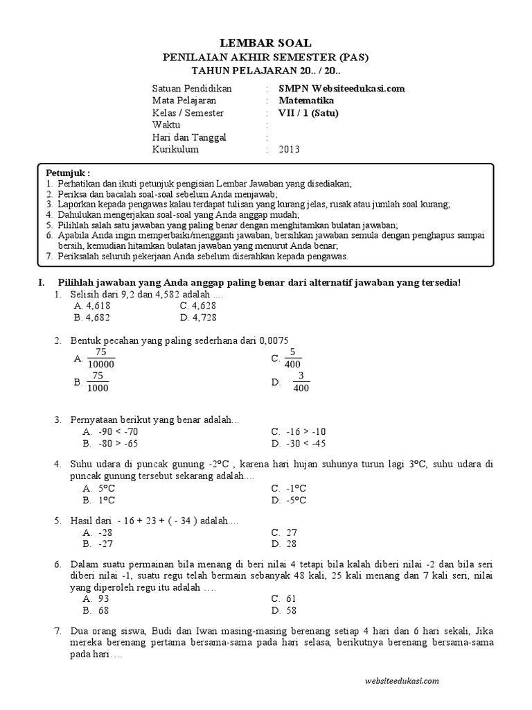 Soal PAS MTK Kelas 7 K13 | PDF