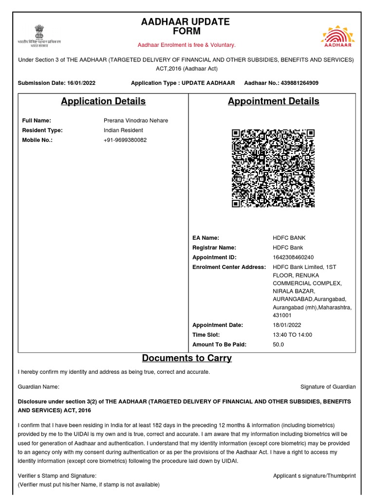 Aadhaar Update Form: Aadhaar Enrolment Is Free & Voluntary | PDF ...