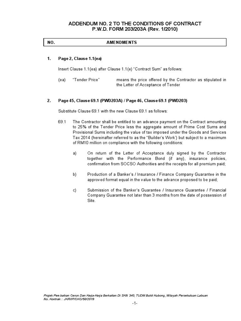 Addendum to PWD 203/203A Contract | PDF