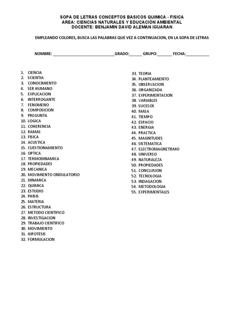 Sopa de Letras Conceptos Basicos Fisica - Quimica | PDF | Física | Science