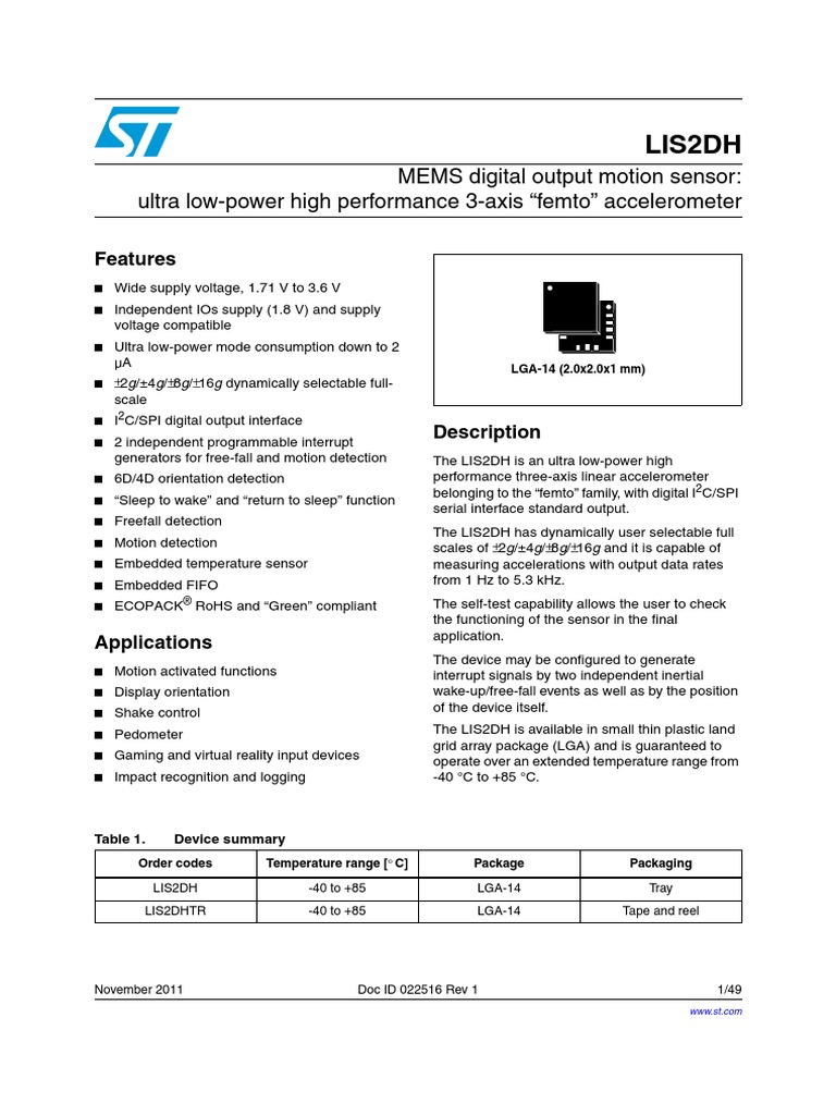 Lis2Dh: MEMS Digital Output Motion Sensor: Ultra Low-Power High Performance 3-Axis "Femto ...