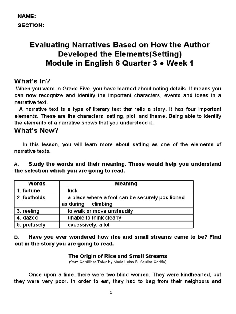 Evaluating Narratives Based On How The Author Developed The Elements ...