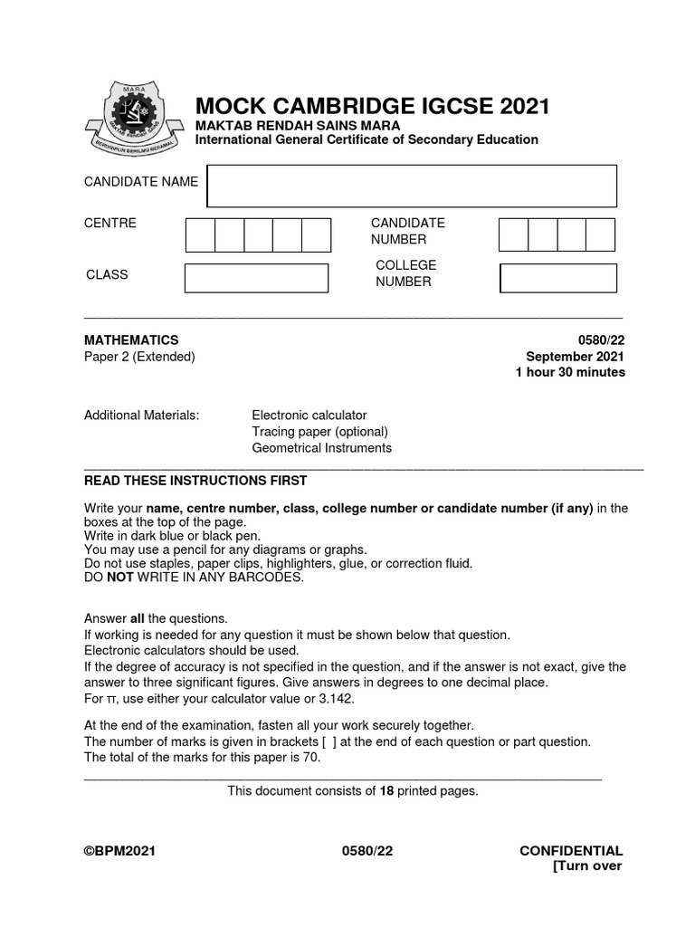 Mock Igcse 2021 - Maths Paper 2 | PDF | Speed | Significant Figures