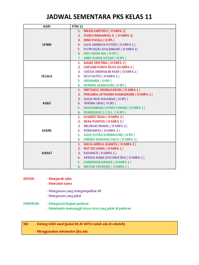 Jadwal Sementara PKS Kelas 11 | PDF