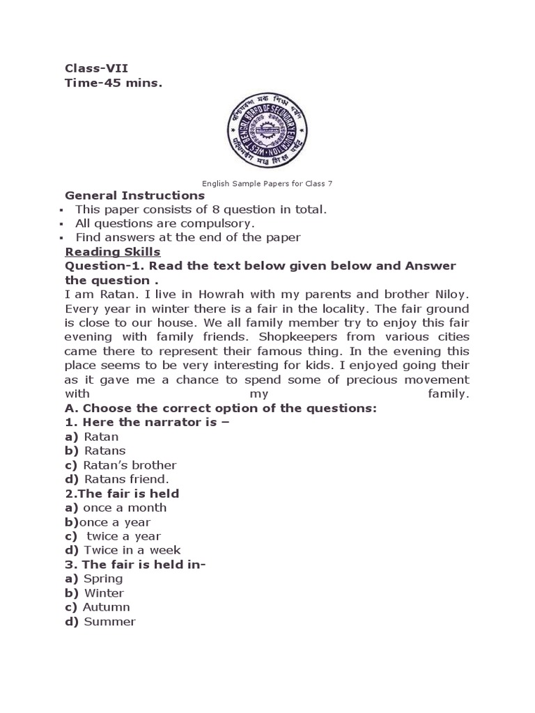 Class 7 English Sample Paper WBBSE | PDF | Cognitive Science | Language ...