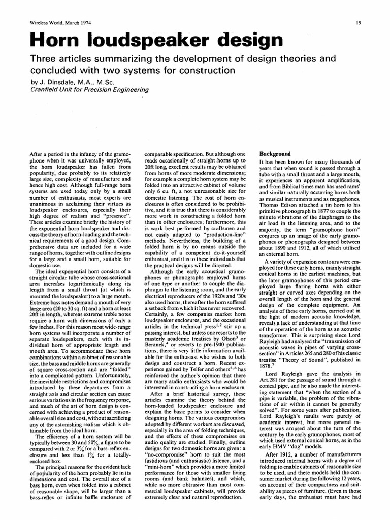 Dinsdale 1974 Horn Loudspeaker Design-1 | PDF