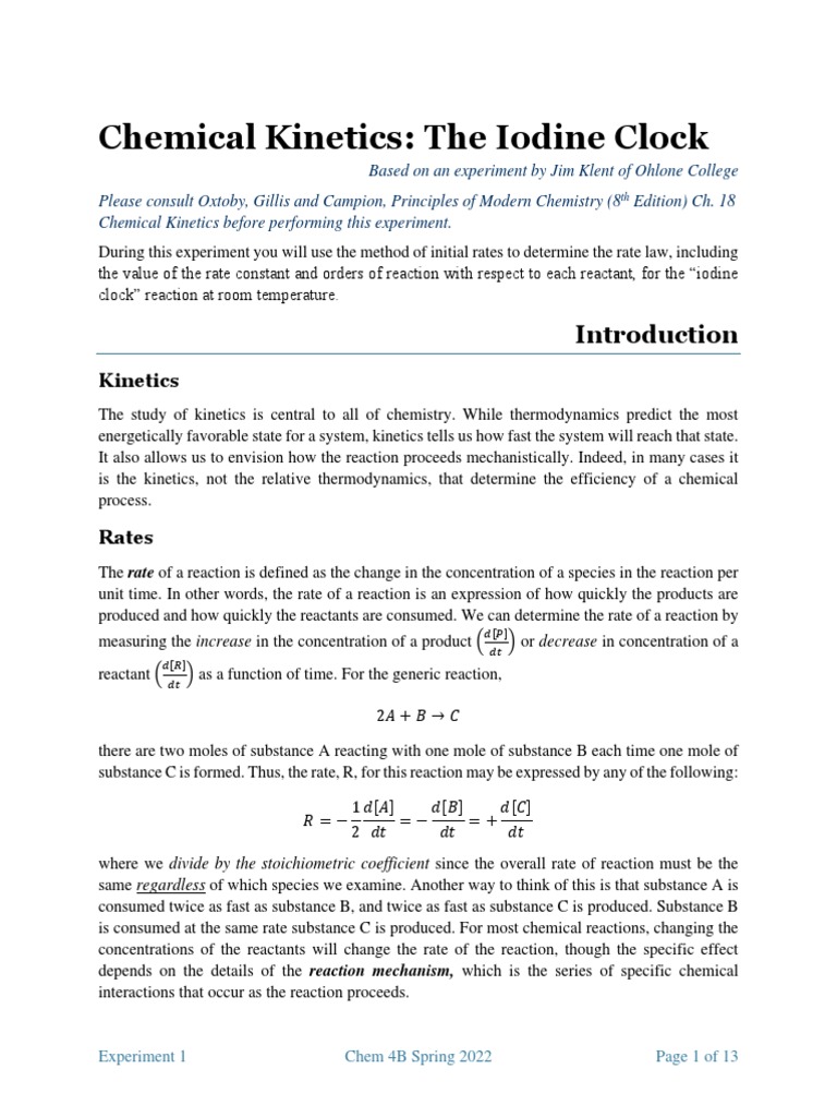 Lab 1 - Iodine Clock | PDF | Reaction Rate | Chemical Kinetics