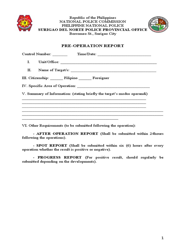 Pre-Operation Report Template PNP | PDF