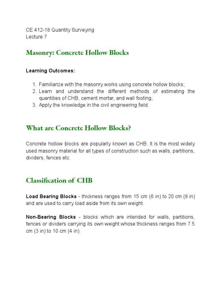 Masonry: Concrete Hollow Blocks: Learning Outcomes | PDF | Concrete ...