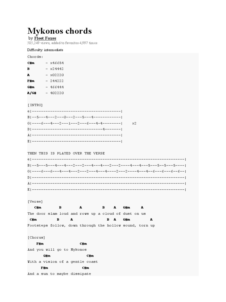 Mykonos Chords: Fleet Foxes | PDF | Song Structure | Musical Compositions