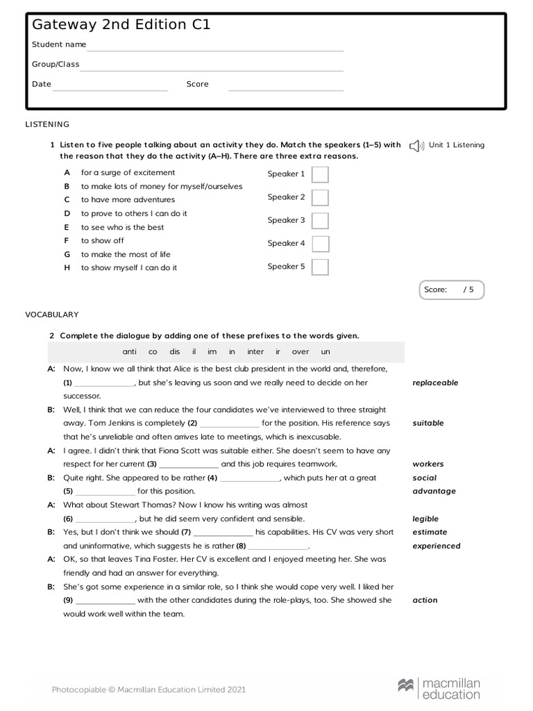 Gateway 2nd Edition C1 Student workbook listening and reading exercises ...