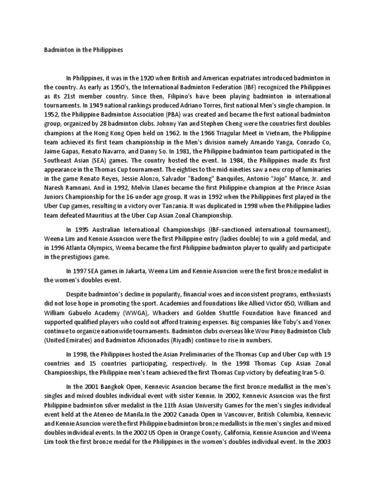 Badminton in The Philippines | PDF | Sports | Sports Competitions