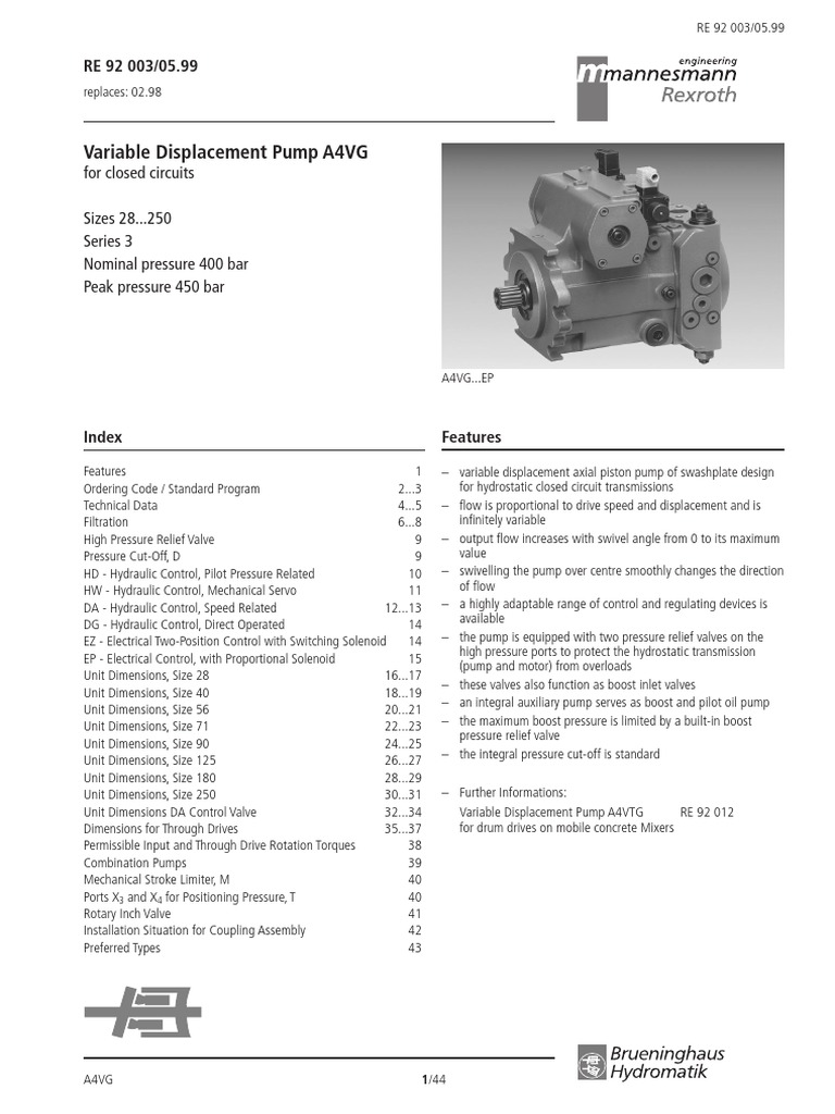 Variable Displacement Pump A4VG | PDF | Filtration | Pump