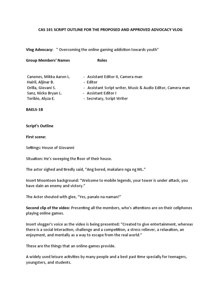 Cas 101 Script Outline For The Proposed and Approved Advocacy Vlo1 ...