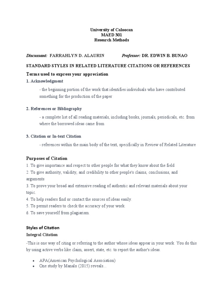 An Overview of Standard Styles in Literature Citations and the ...