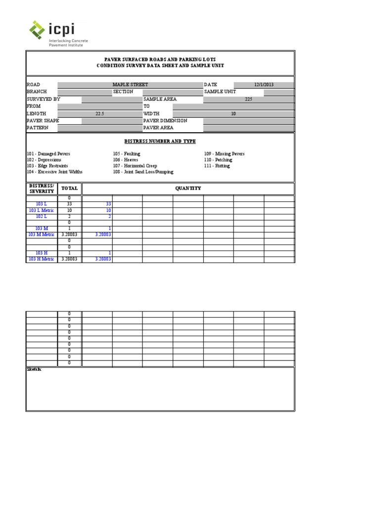 Paver Surfaced Roads and Parking Lots Condition Survey Data Sheet and ...