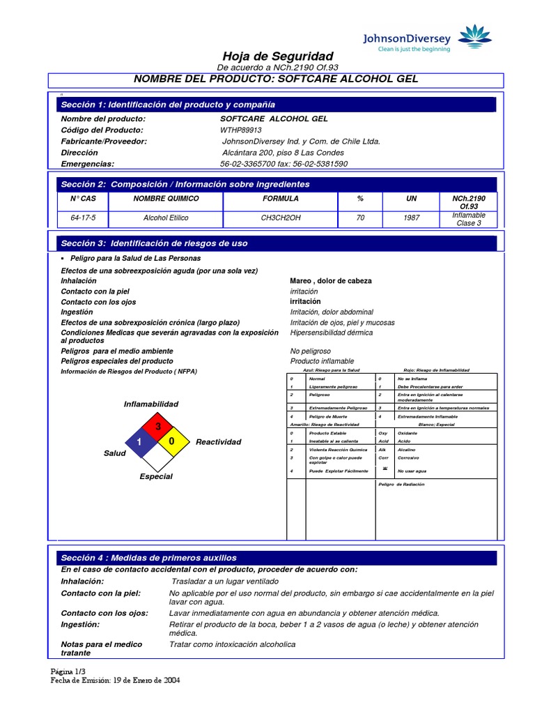 Hoja de Seguridad Softcare Alcohol Gel | PDF | Agua | Etanol