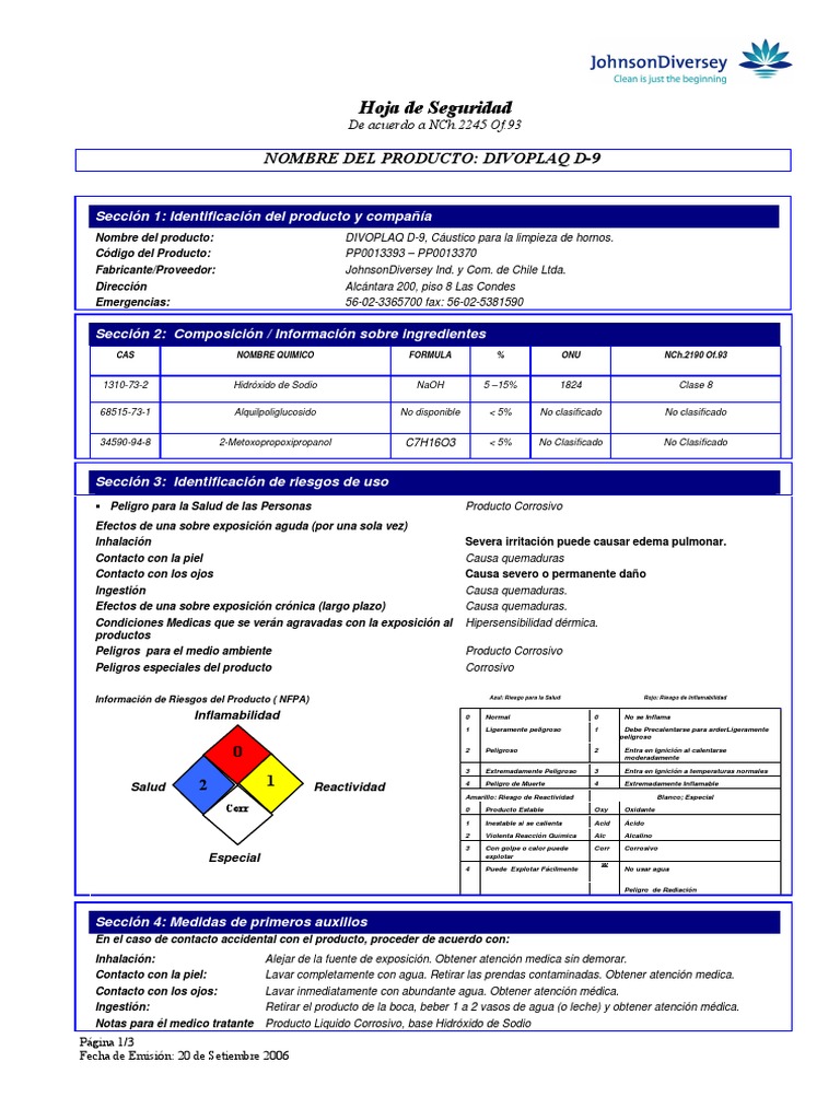 DIVOPLAQ D-9: Hoja de Seguridad y Riesgos | PDF | Agua | Quemar
