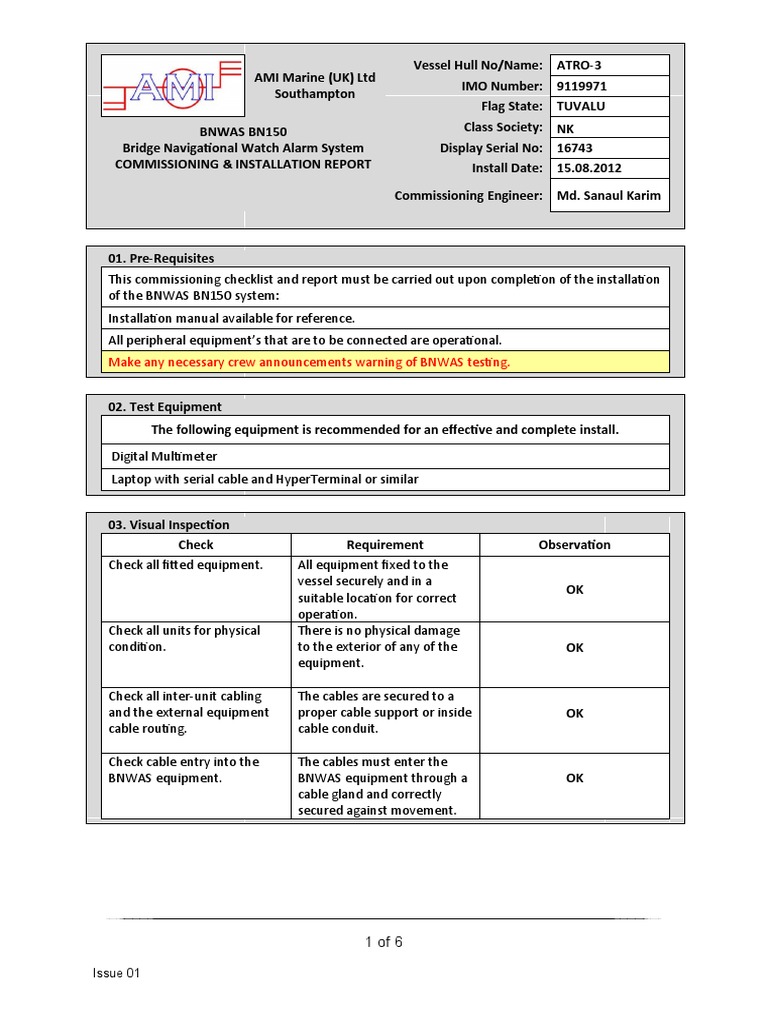 ATRO-3 BNWAS 150 Commission Checklist | PDF | Electrical Engineering ...