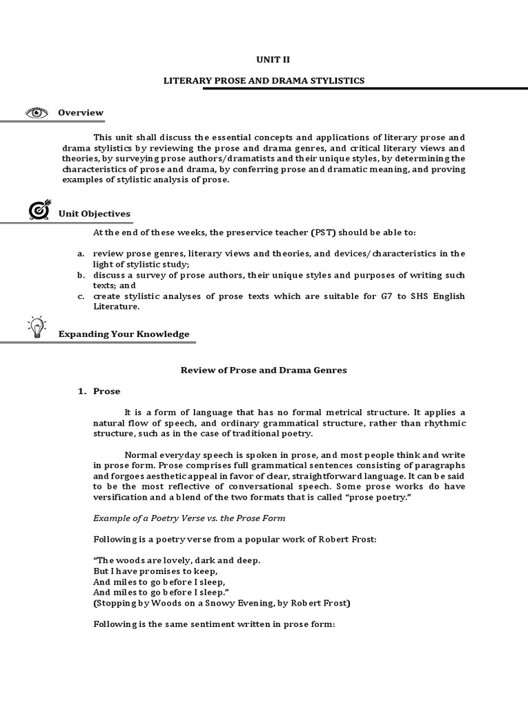 Unit Ii Literary Prose and Drama Stylistics: Example of A Poetry Verse ...
