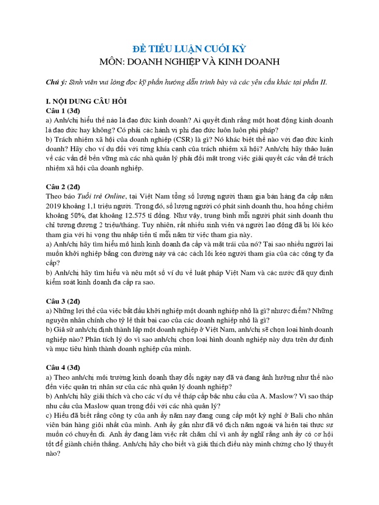 ĐỀ BÀI TIỂU LUẬN CUỐI KỲ -MÔN DNKD - CQK46 - IB003 | PDF