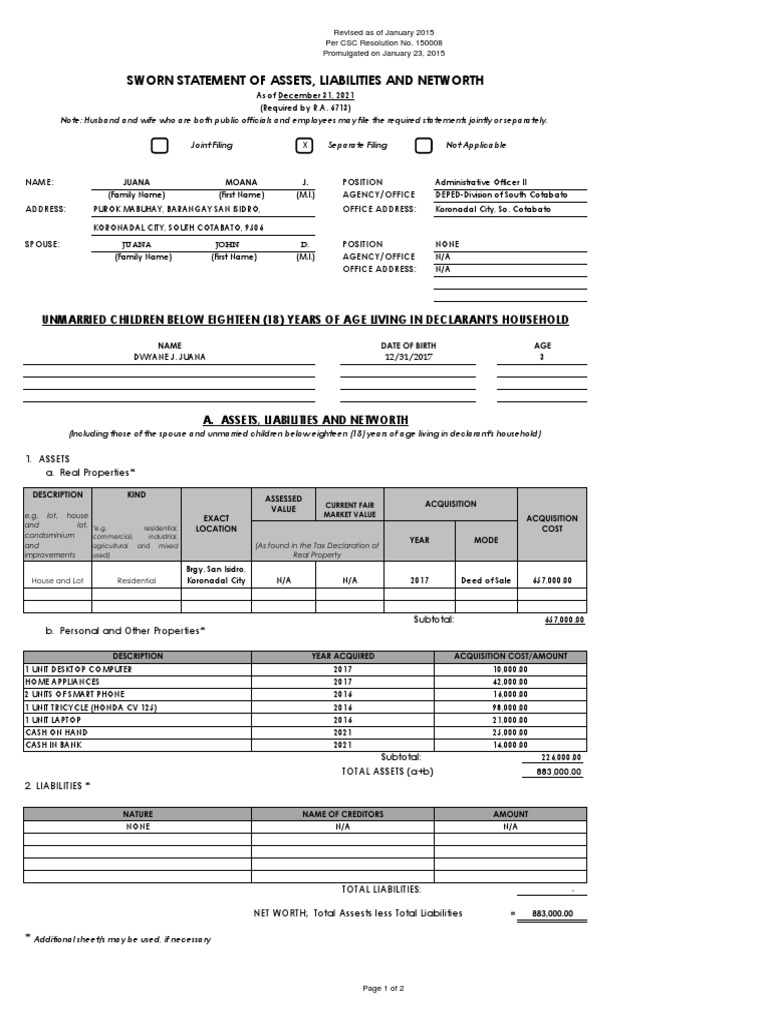 Sworn Statement of Assets, Liabilities and Net Worth of Juana J. Moana ...