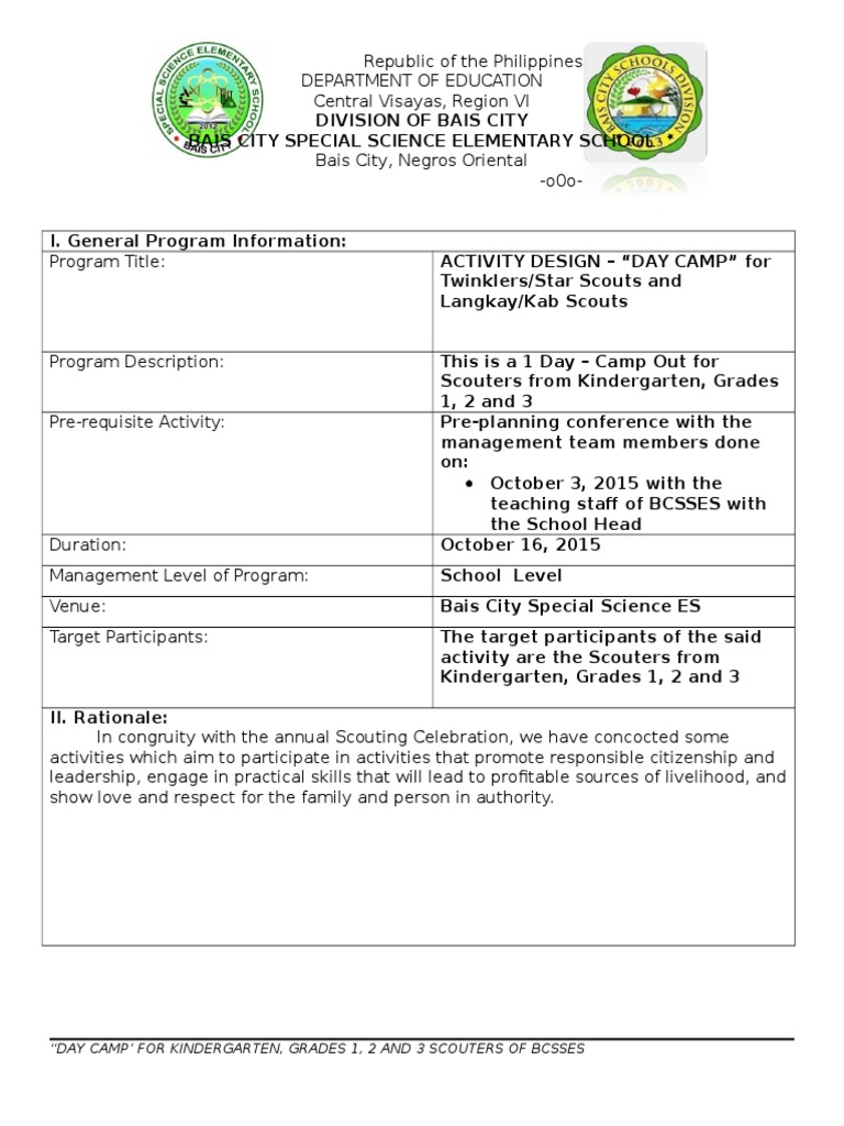 "Day Camp' For Kindergarten, Grades 1, 2 and 3 Scouters of Bcsses | PDF ...