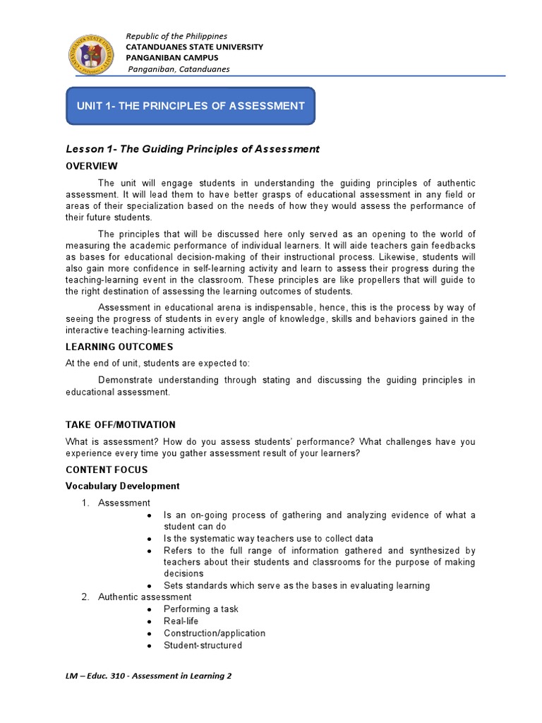 Lesson 1-The Guiding Principles of Assessment | Download Free PDF ...