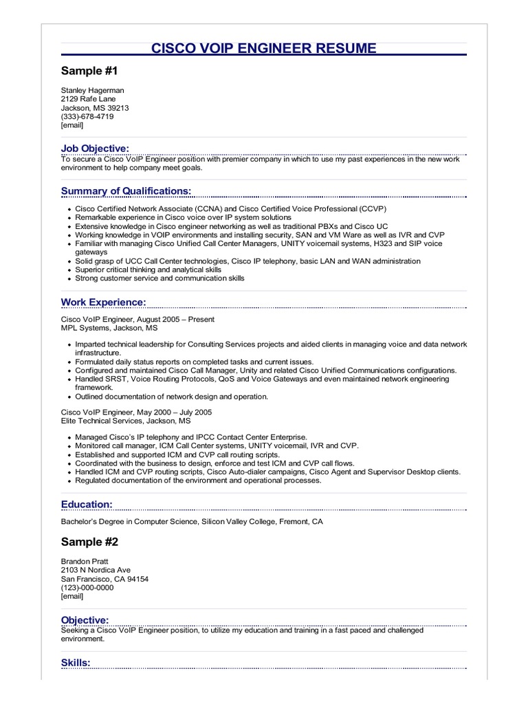 Cisco Voip Engineer Resume: Sample #1 | PDF | Voice Over Ip | Cisco Systems