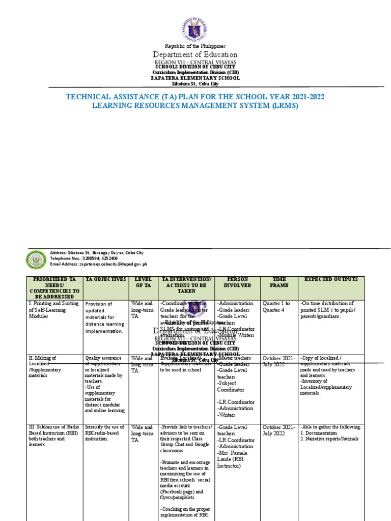 Technical Assistance Plan | Download Free PDF | Pedagogy | Cognition