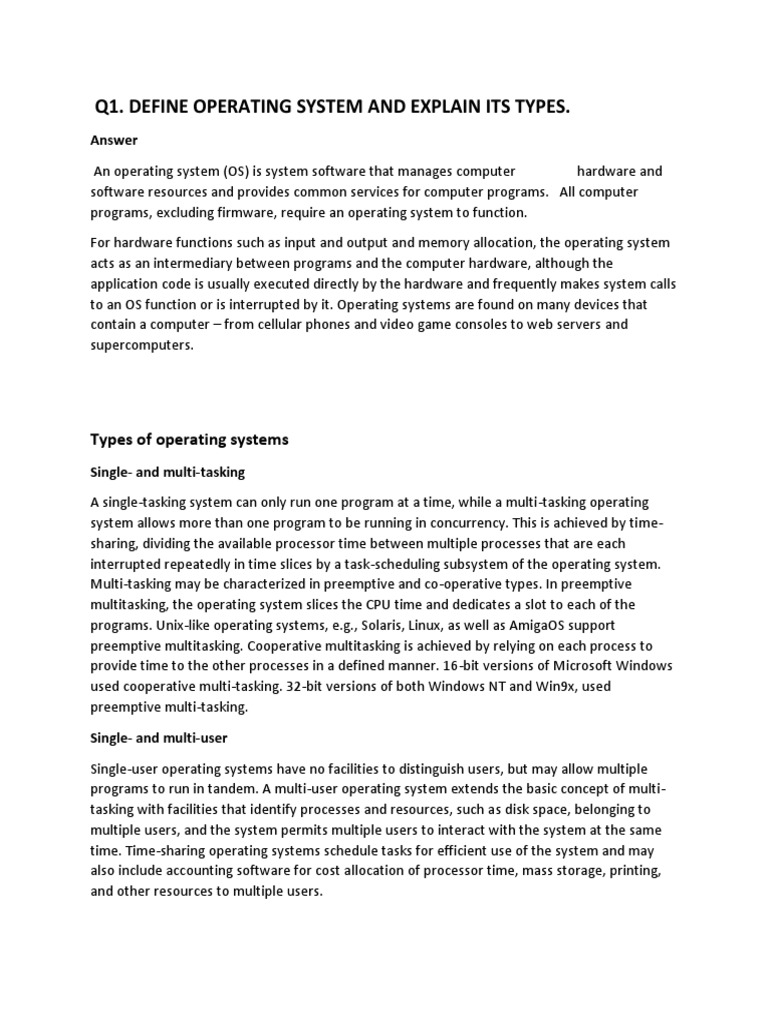 Q1 Define Operating System And Explain Its Types Answer Pdf Operating System Process