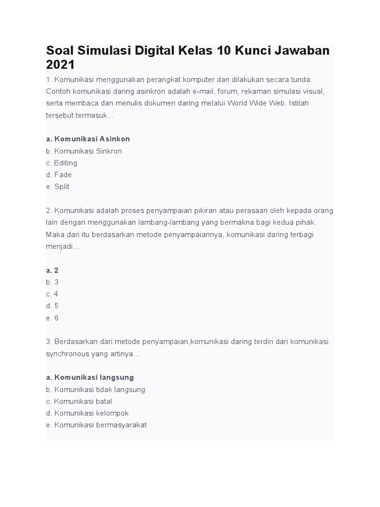 Soal Simulasi Digital Kelas 10 Kunci Jawaban 2021 | PDF
