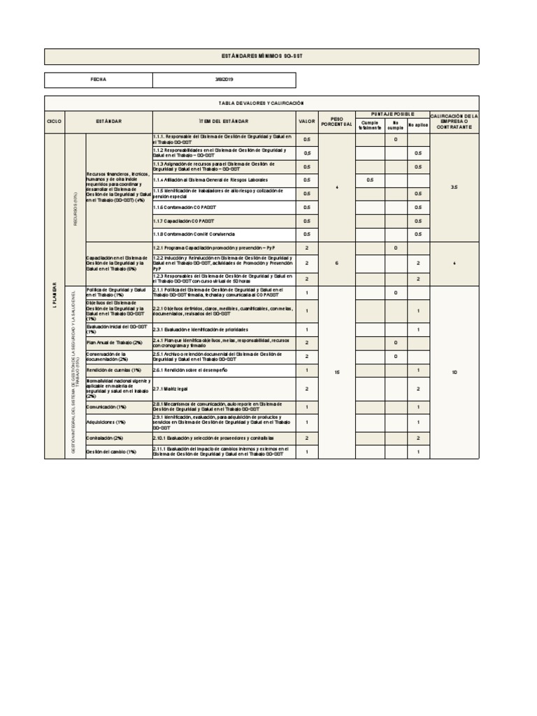 Estandares Minimos SG-SST Tabla de Valoración Res 312 de 2019 | PDF | Ciencias de la Salud