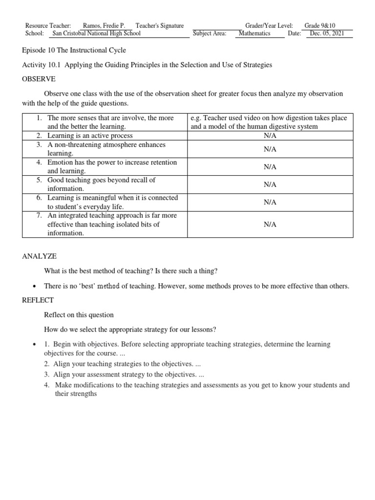 FS1 Episode 10 Teaching Strategies Guide | PDF | Learning | Teachers