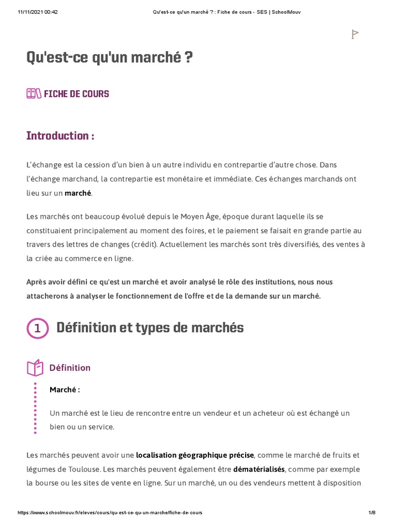 Qu'est-Ce Qu'un Marché - Fiche de Cours - SES - SchoolMouv | PDF ...