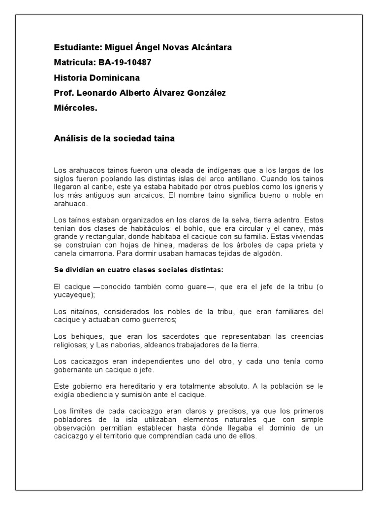 Analisis de La Sociedad Taina. 1ra. Tarea. | PDF | Pueblos Indígenas de ...