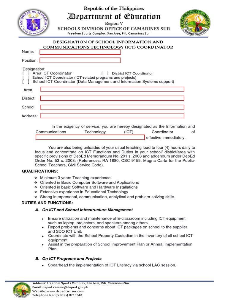 2021 Ict Coordinator Form | Download Free PDF | Information And ...