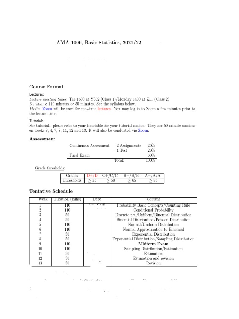 Course Syllabus for AMA 1006 Basic Statistics, 2021/22 Semester 2 | PDF ...