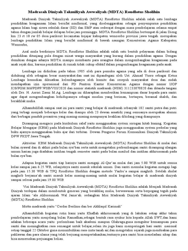 Direktori Madrasah Diniyah Takmiliyah Awwaliyah | PDF