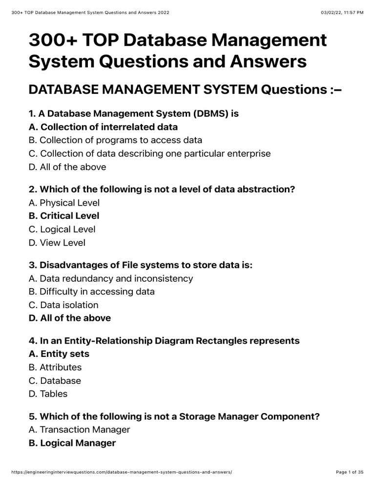 300+ TOP Database Management System Questions and Answers 2022 | PDF | Relational Database ...