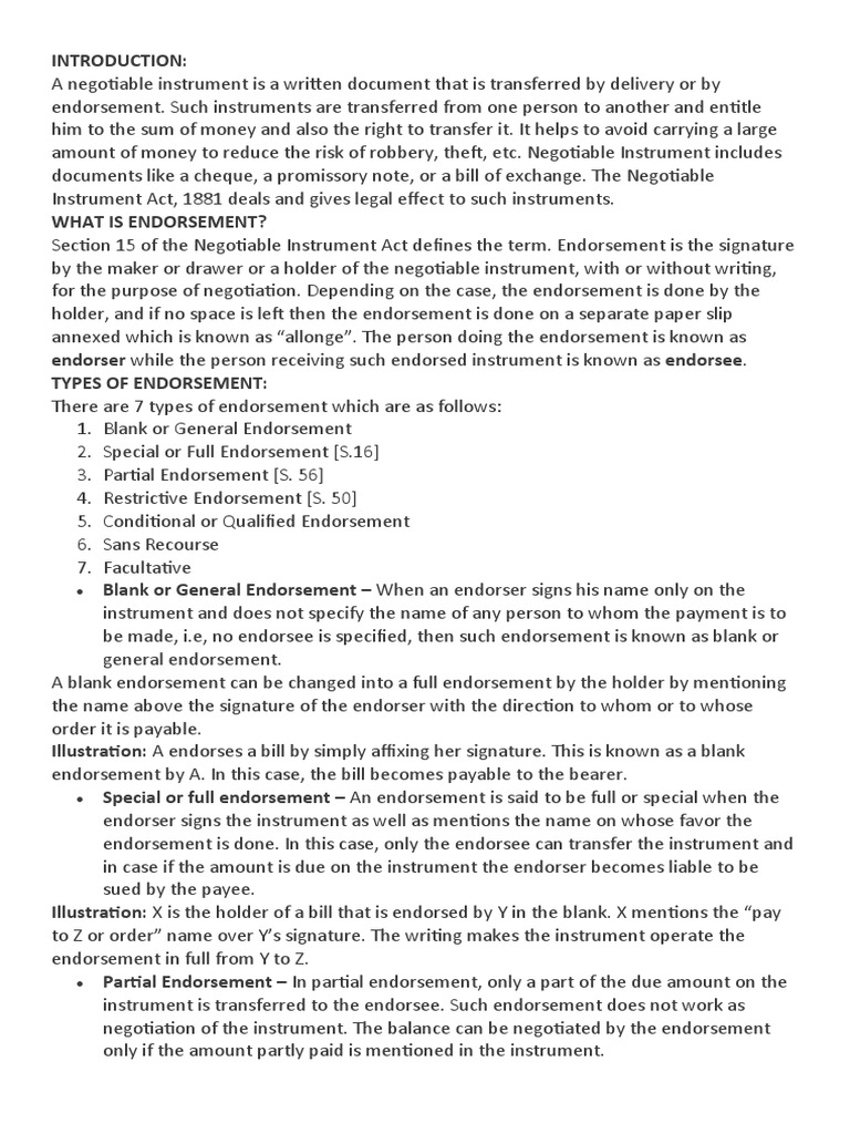 ENDORSEMENT | PDF | Negotiable Instrument | Economies