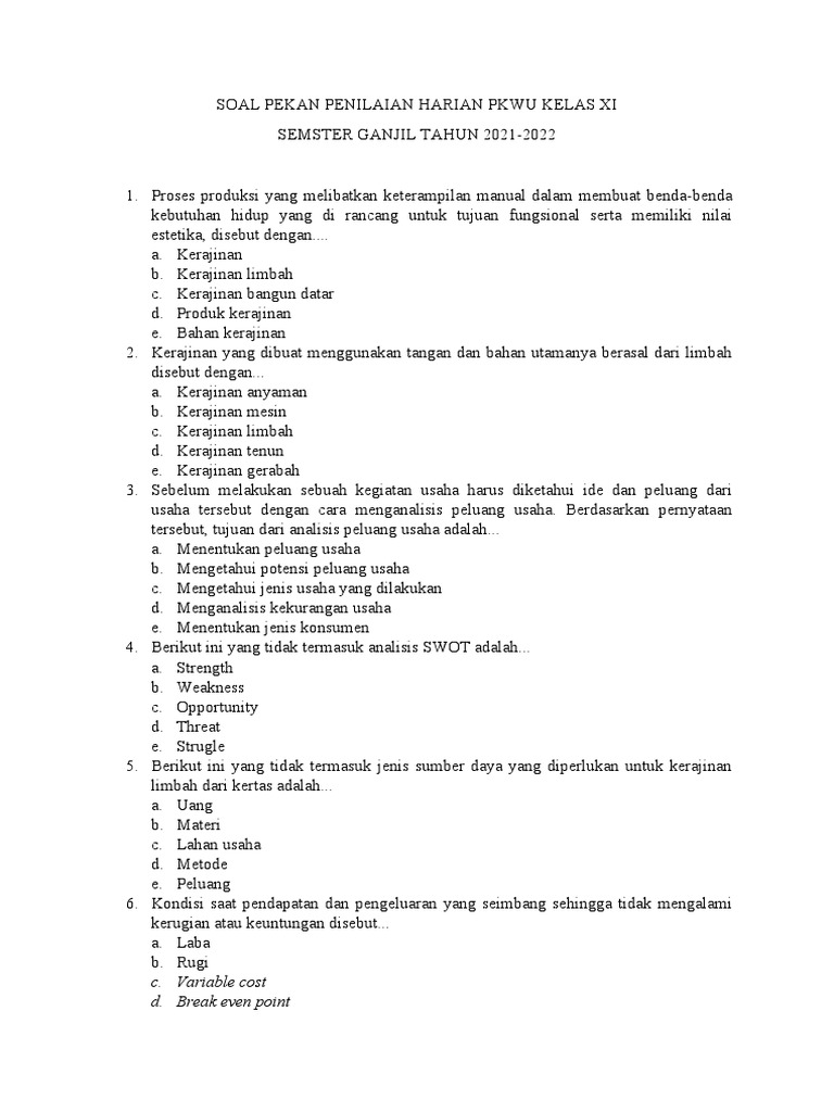 Soal Pekan Penilaian Harian Pkwu Kelas Xi | PDF | Bisnis | Seni