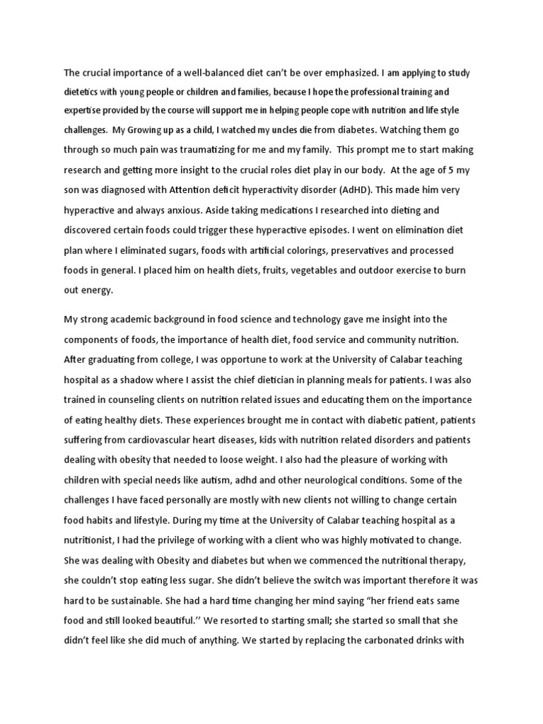 Personal Statement for Dietetics Program | PDF | Foods | Malnutrition