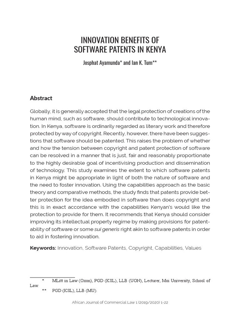 Innovation Benefits of Software Patents in Kenya: Josphat Ayamunda and ...