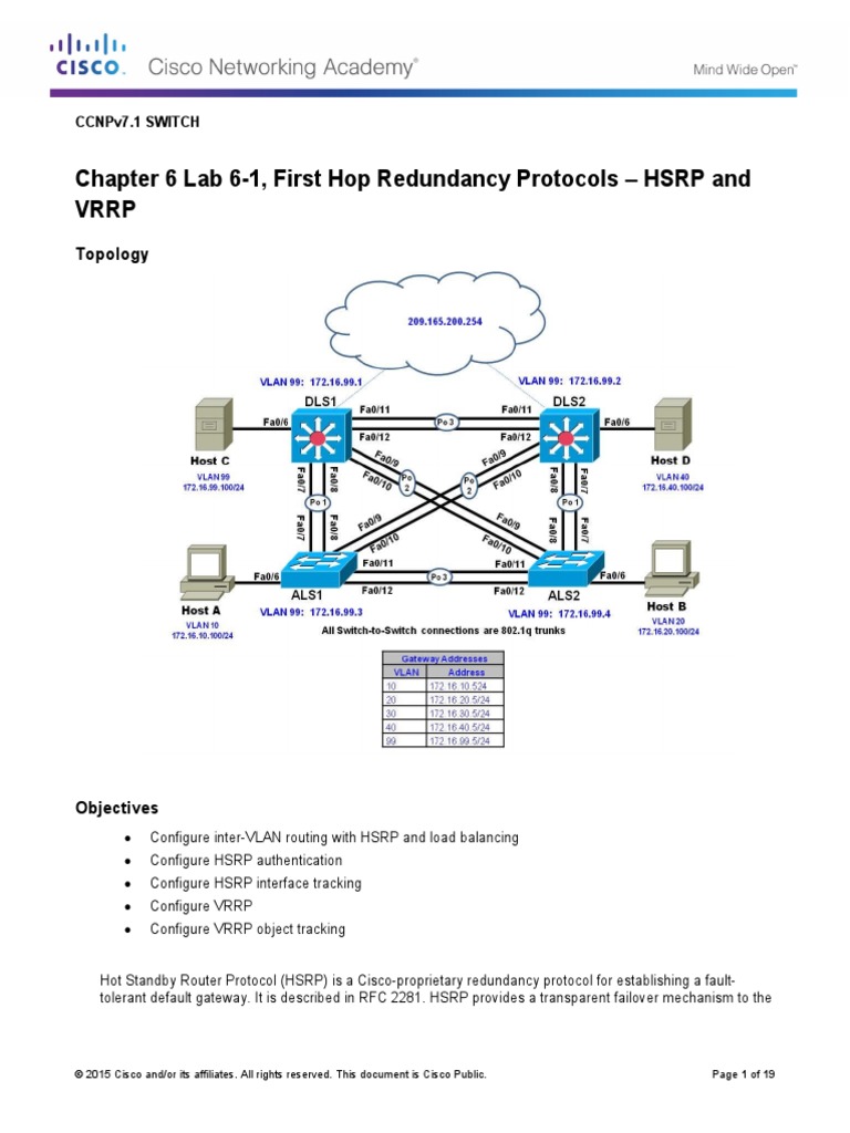 Chapter 6 Lab 6-1, First Hop Redundancy Protocols - HSRP and VRRP | PDF | Communications ...