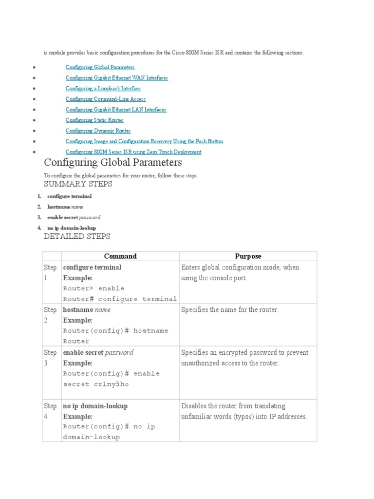 Configuring Global Parameters: Summary Steps | PDF | Ip Address | Router (Computing)